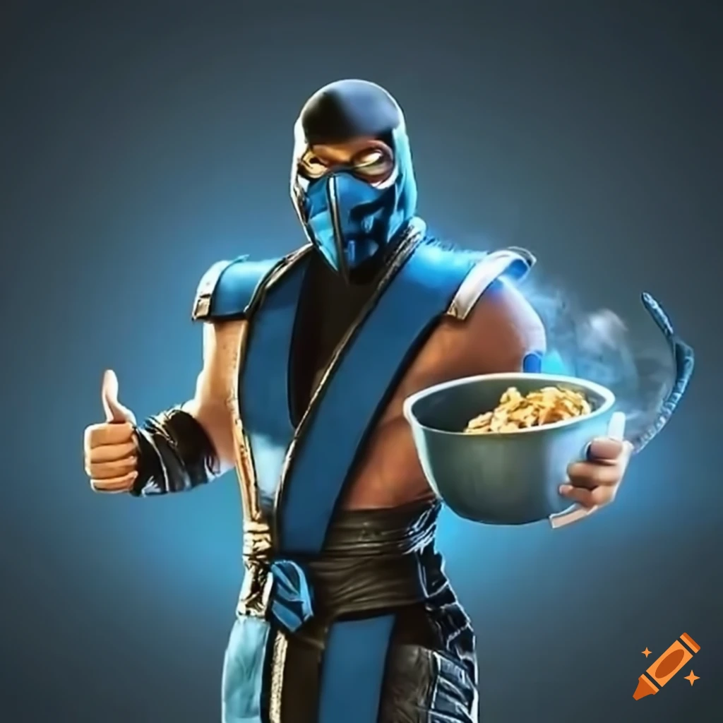 Sub-zero from mortal kombat with a bowl of cereal giving a thumbs up on Craiyon