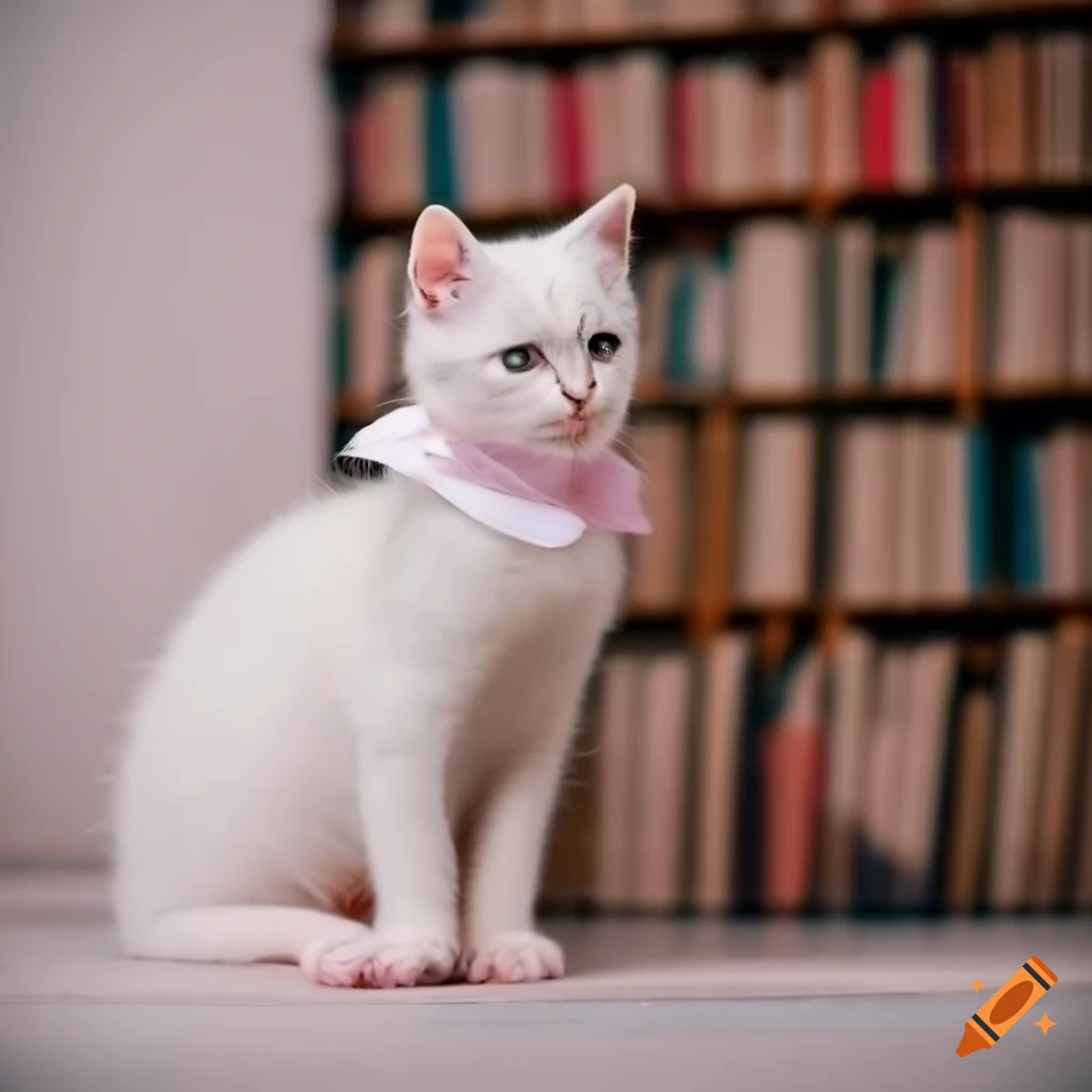 White kitten in a cozy white library surrounded by books with a pink ...