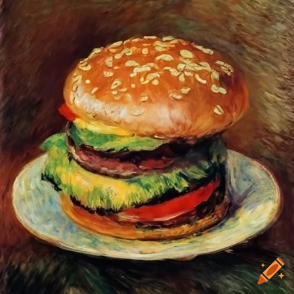 Delicious burgers on a plate, inspired by impressionist artists on Craiyon
