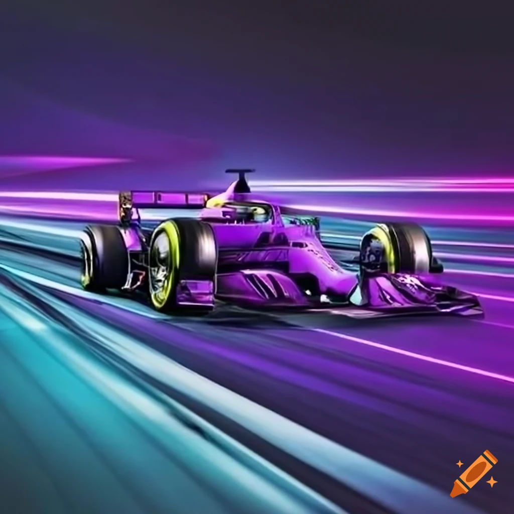 Bright purple formula 1 racing car speeding on a night circuit with ...