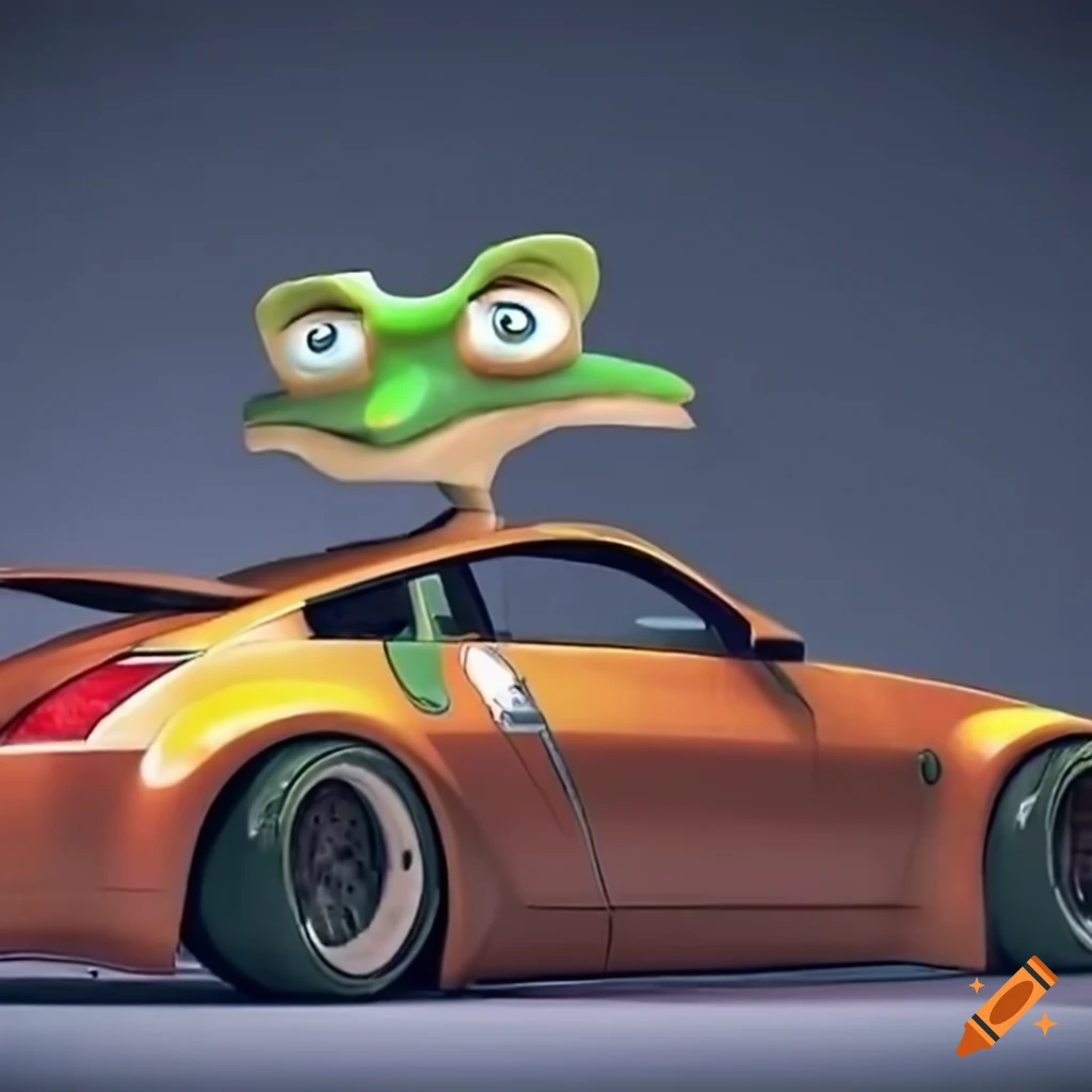 Animated Rango character drifting a Nissan 350Z car on Craiyon
