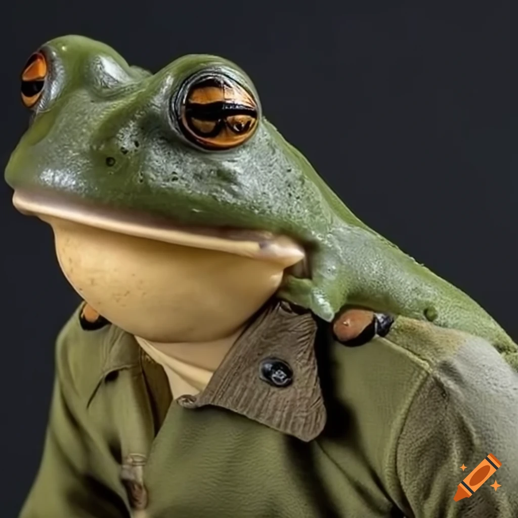 Russian soldier in WW2 attire transformed into a lifelike frog on Craiyon