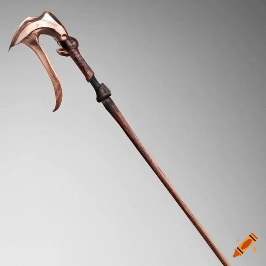 Silver polearm with long wooden handle wrapped in copper on Craiyon