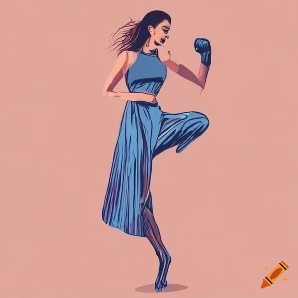 Woman in long dress in a kickboxing pose on Craiyon