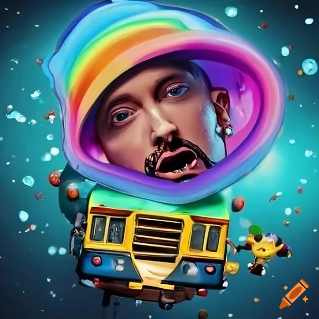 Eminem on a magical school bus in space with a rainbow and beard on Craiyon
