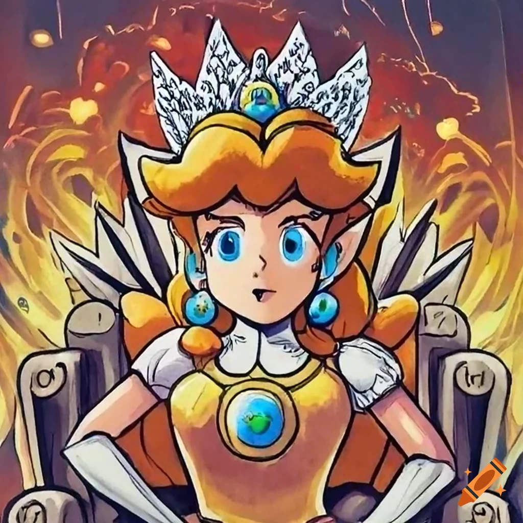 Ink drawing of princess daisy sitting on a throne in anime style on Craiyon