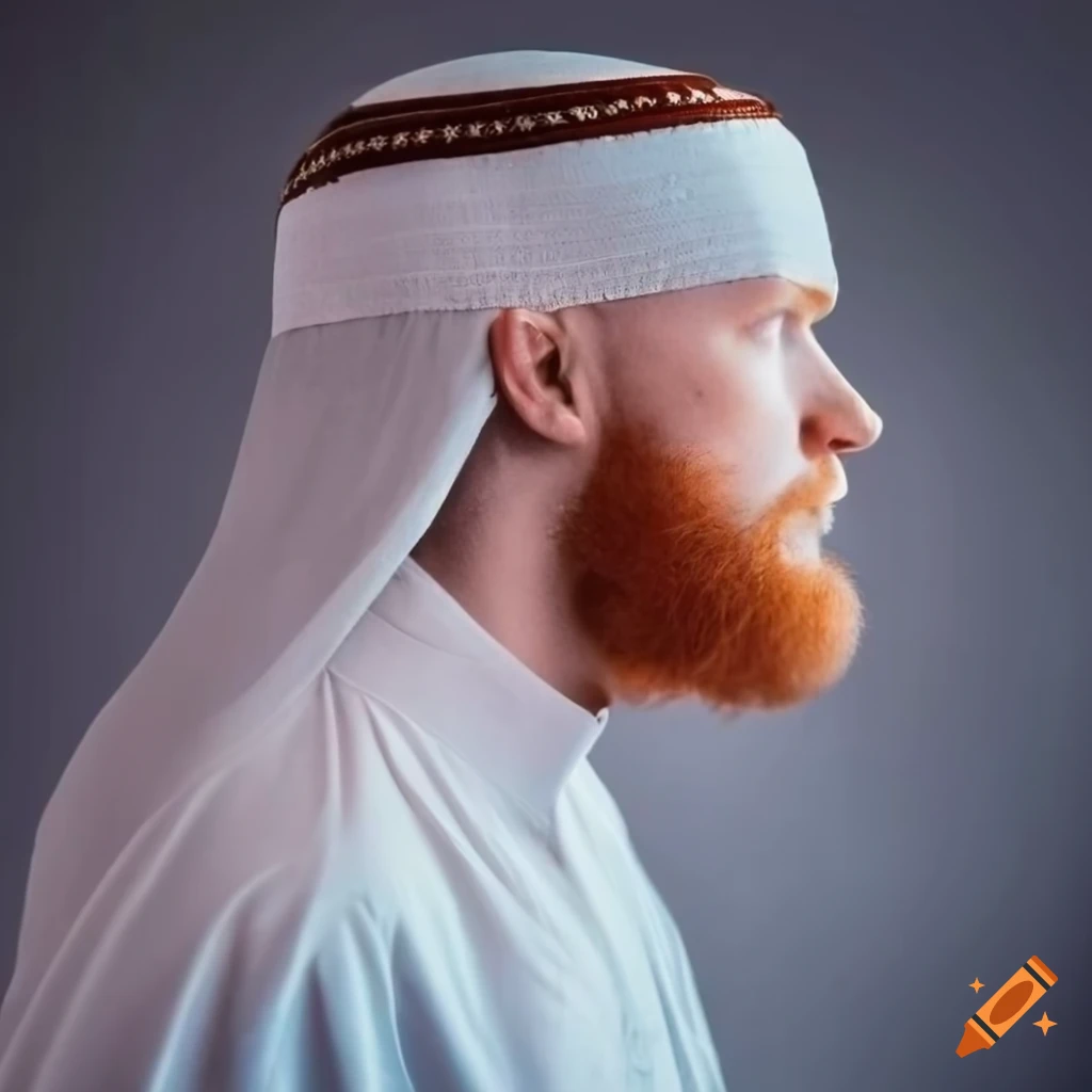 Ginger man in traditional Islamic attire standing in a mosque on Craiyon