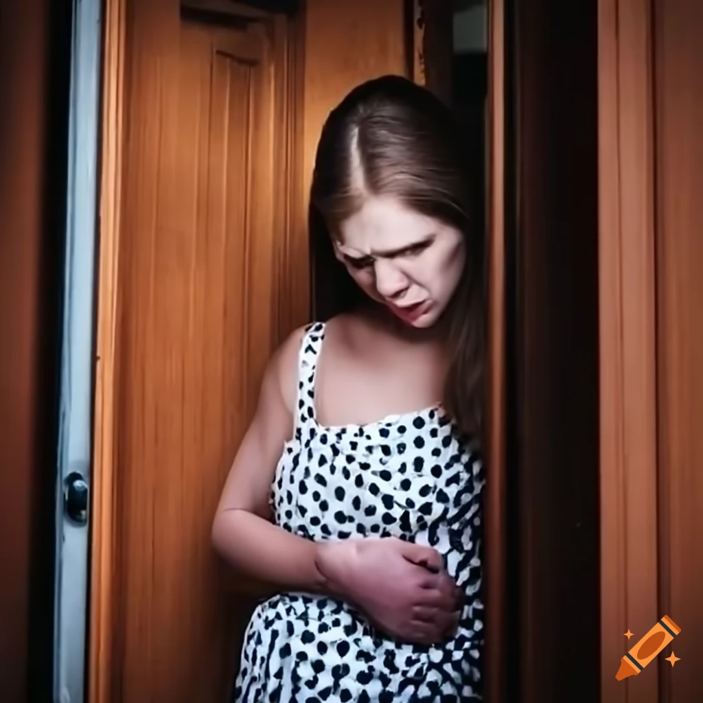 Angry Pregnant Woman In A Polka Dot Dress Answering The Door On Craiyon