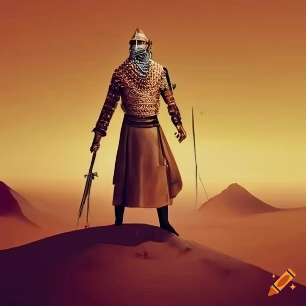 Arabian warrior in the desert in front of an army on Craiyon