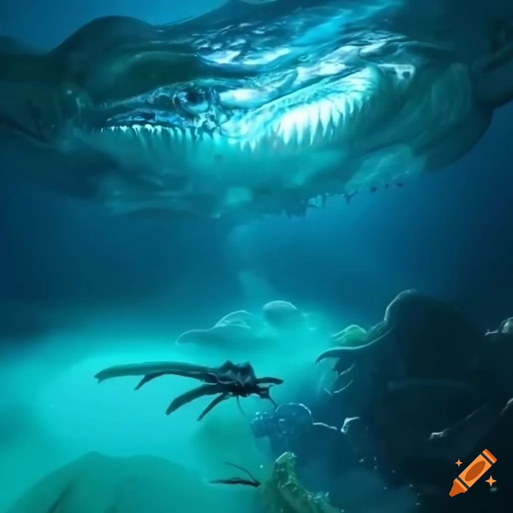 Subnautica leviathan emerging from water in a deep blue setting on Craiyon