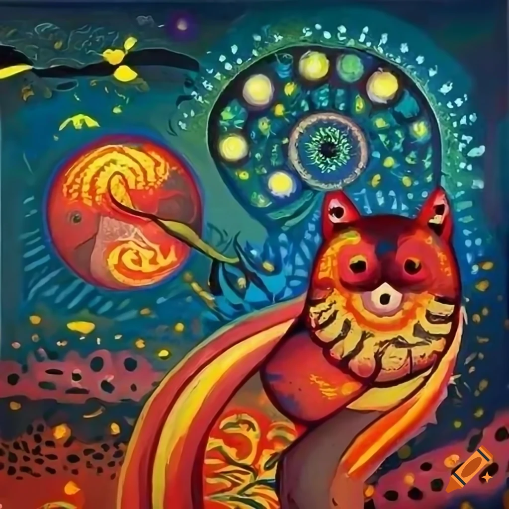 Abstract primitive art cosmos landscape with animals on Craiyon