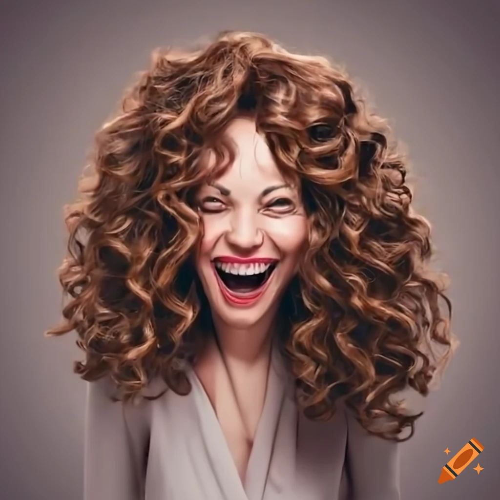 Business meeting lady with uncomfortable laughter and long curly brown ...