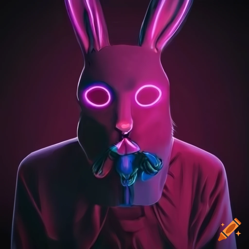 Neon illustration of a hacker rabbit virus with a Guy Fawkes mask on ...