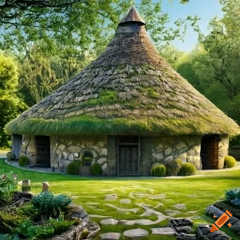 Authentic celtic roundhouse with intricate carvings and thatched roof ...