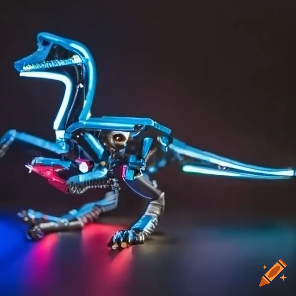 Metallic robotic velociraptor with neon lights in a workshop on Craiyon
