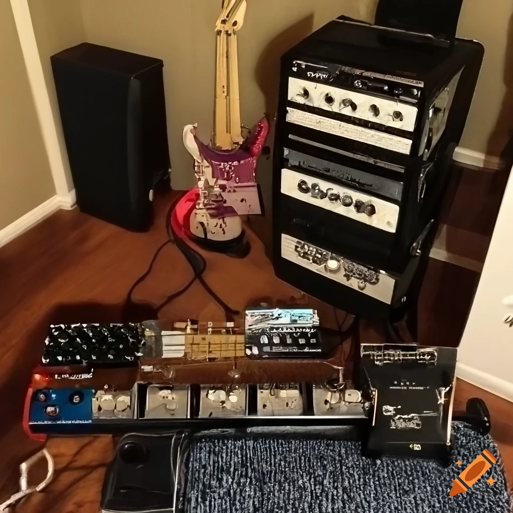 Electric guitar setup with amps and pedalboard in a bright living room ...