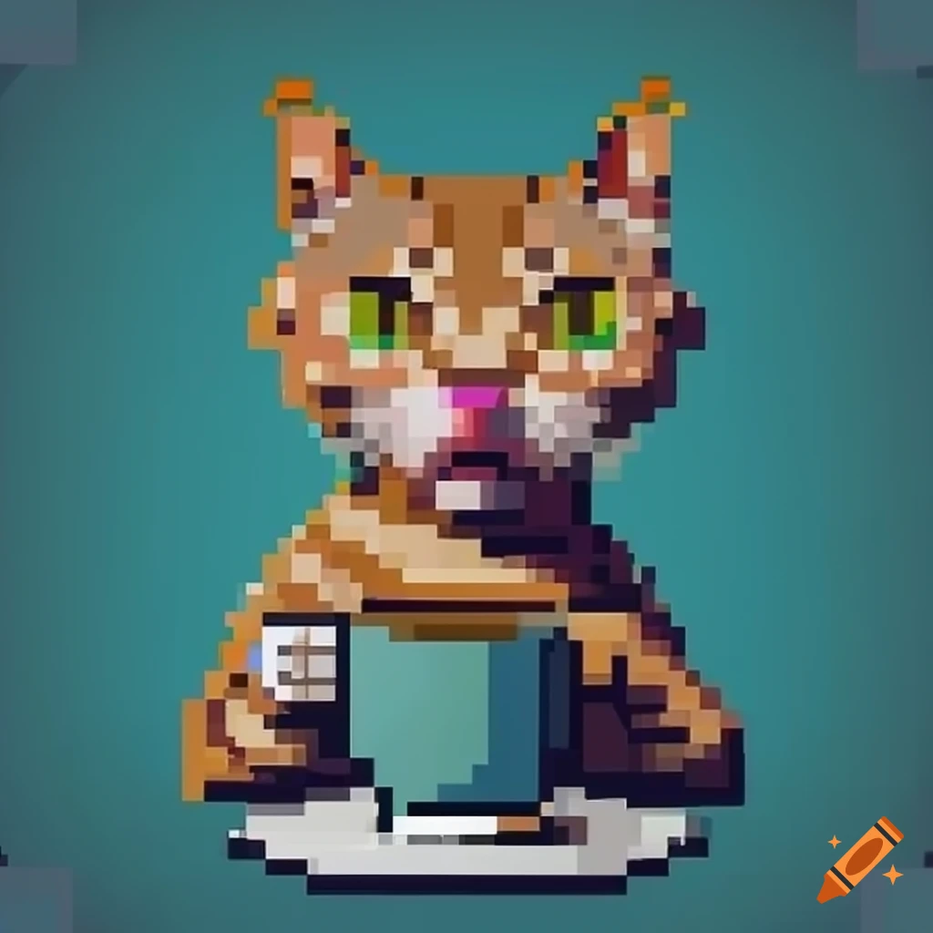 8 bit art cat drinking coffee on Craiyon