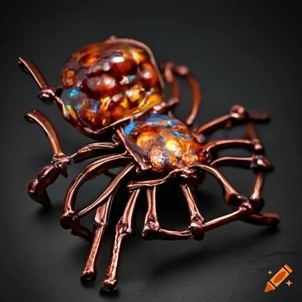 Joro spider with amber gems in copper metal plating on Craiyon