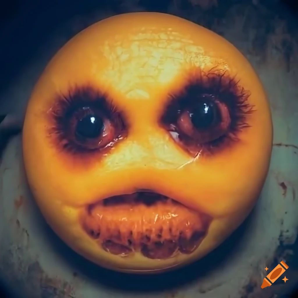 Surreal orange with cut out eyes and mouth in retro horror style on a ...