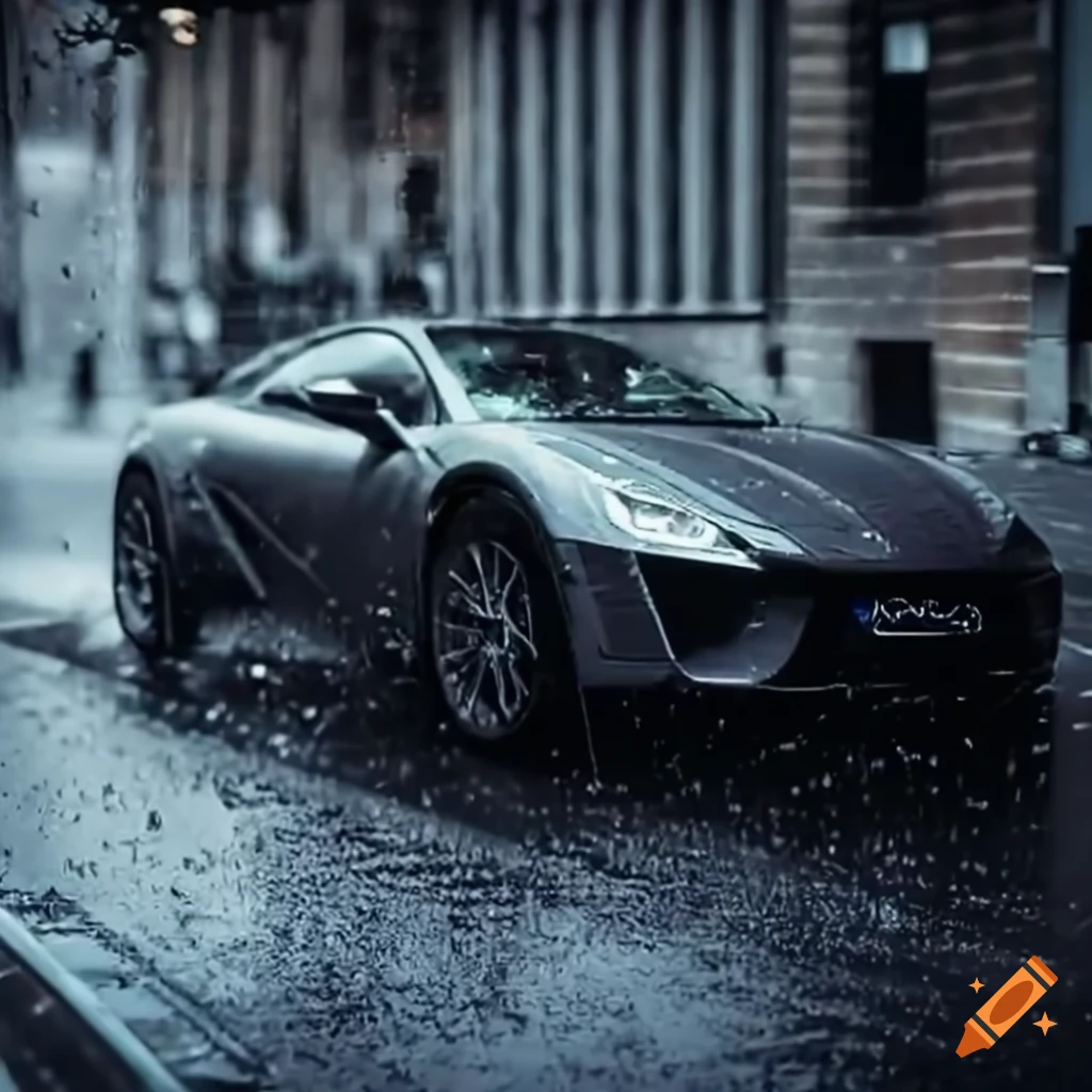 Sleek sports car on wet city roads during a rainstorm on Craiyon