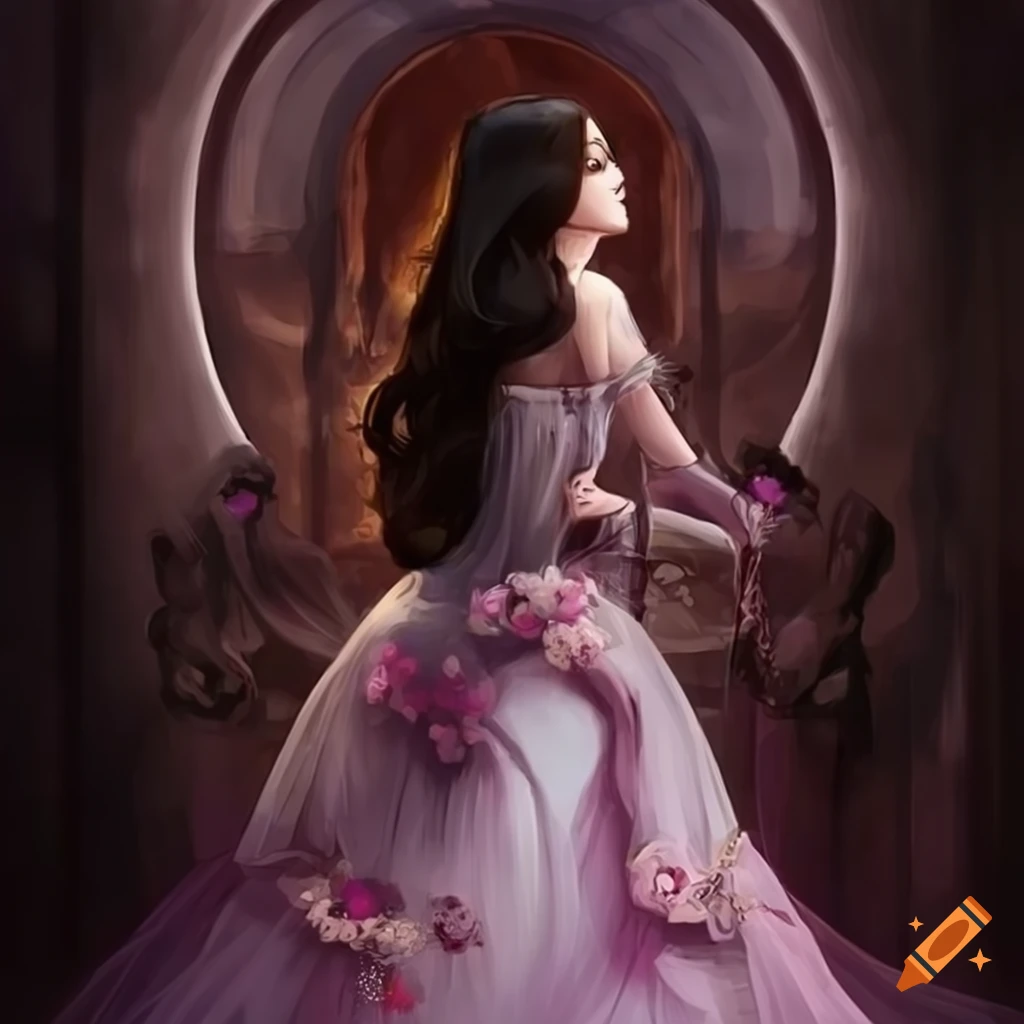 Brunette in elegant ballgown with ethereal portal and cute rat companion on Craiyon