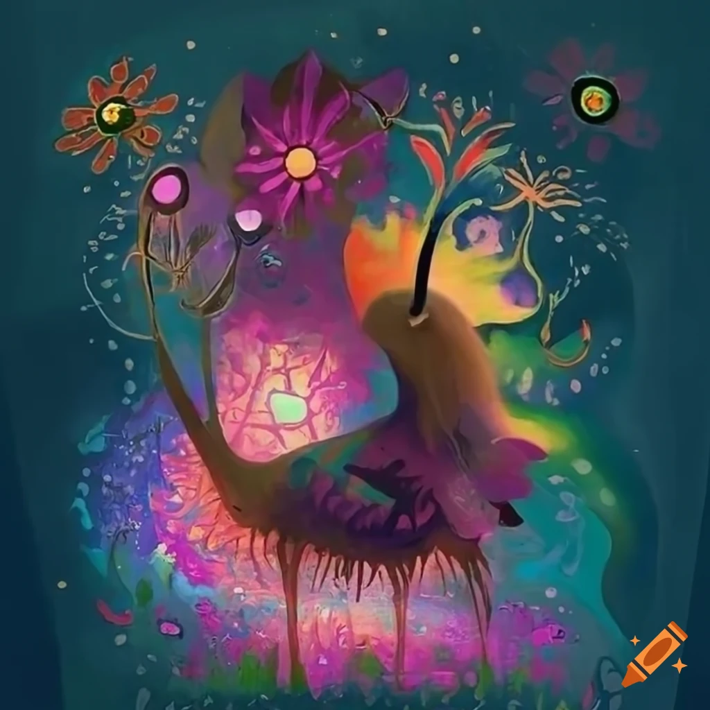 Abstract primitive art landscape with animals and cosmos elements on ...