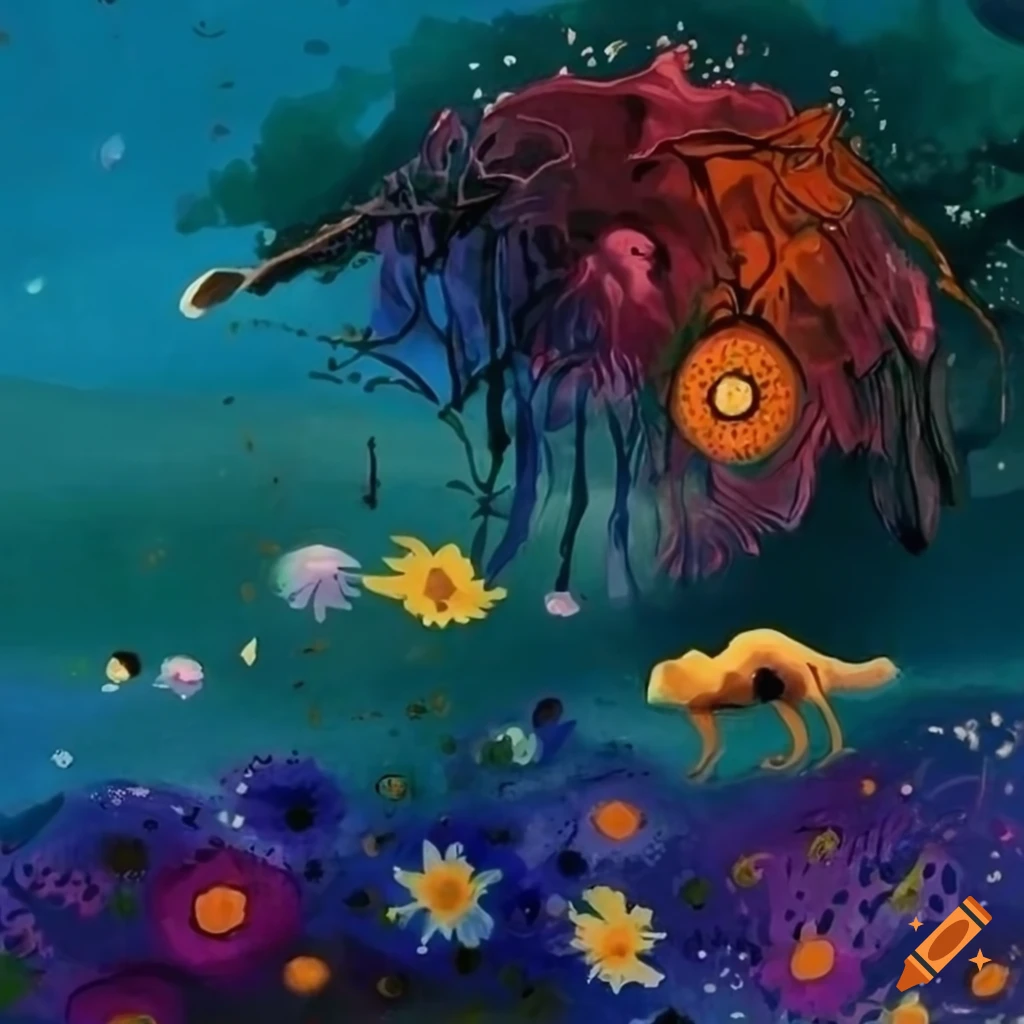 Abstract primitive art landscape with cosmos animals on Craiyon