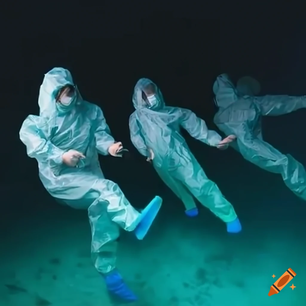 Men in hazmat suits dancing on a sinking boat on Craiyon