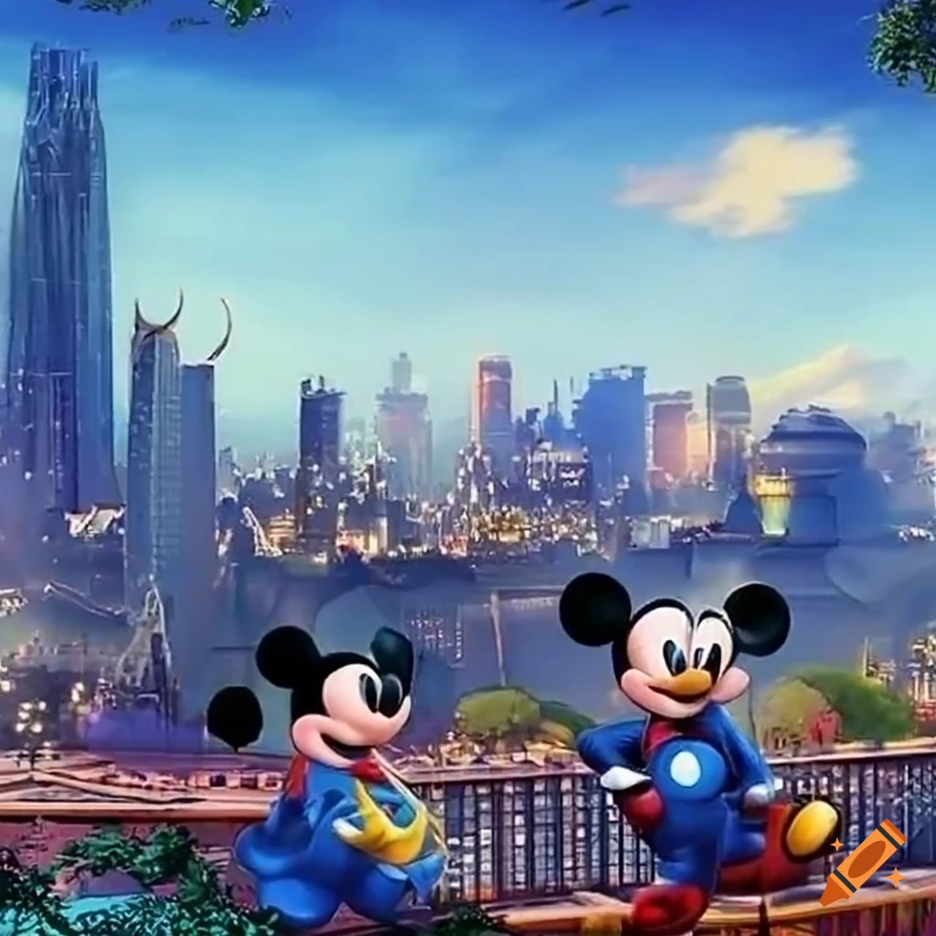 Famous mickey mouse admiring city skylines and historic landmarks on ...