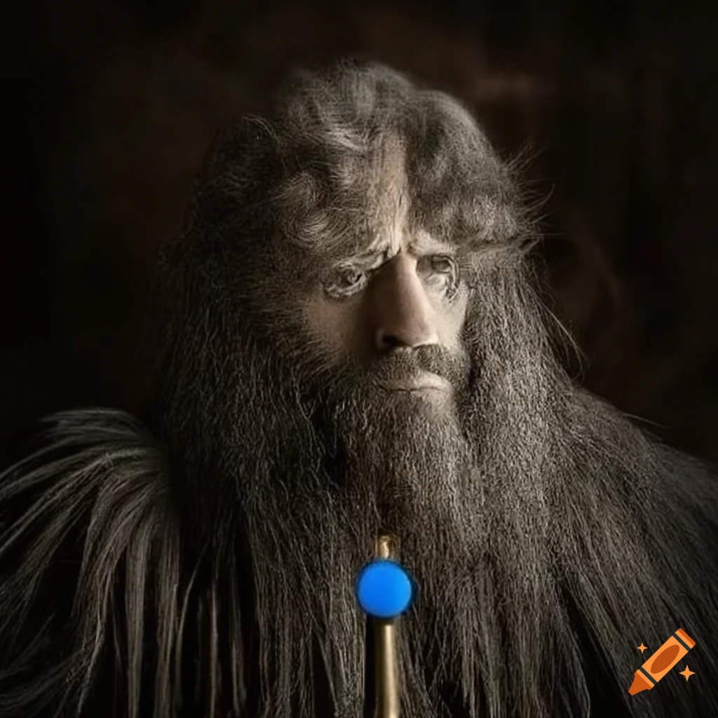 Blue-skinned wizard with flowing brown beard and magical staff on Craiyon