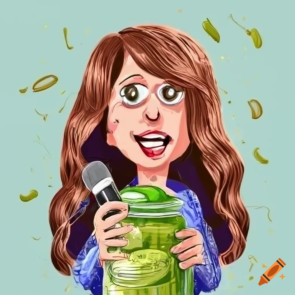 Cartoon character holding pickles and singing into a microphone on Craiyon