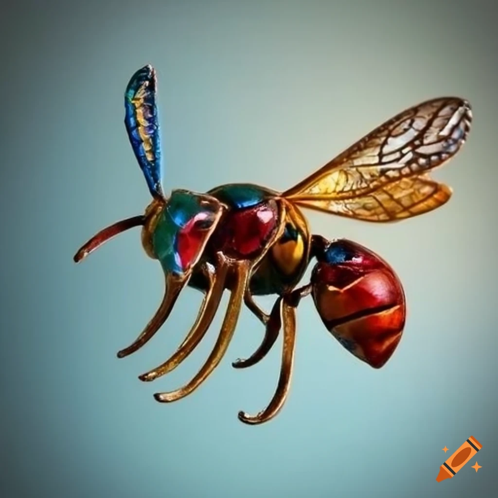 Bee wasp sculpture with gemstone wings in red, yellow, and blue on Craiyon