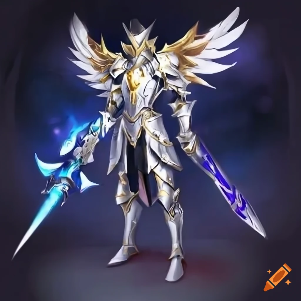 Anime angelic paladin knight in glowing platinum armor with silver vine ...