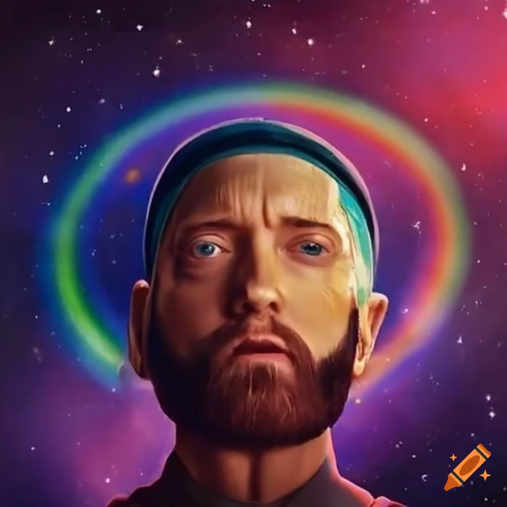 Eminem with a microphone and rainbow riding a magical school bus in ...