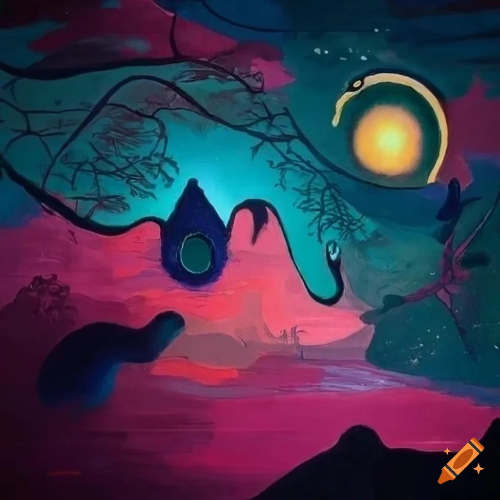 Abstract primitive art depicting a cosmos landscape with animals on Craiyon