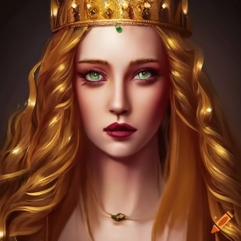 Medieval princess with red hair and green eyes in a golden gown on Craiyon