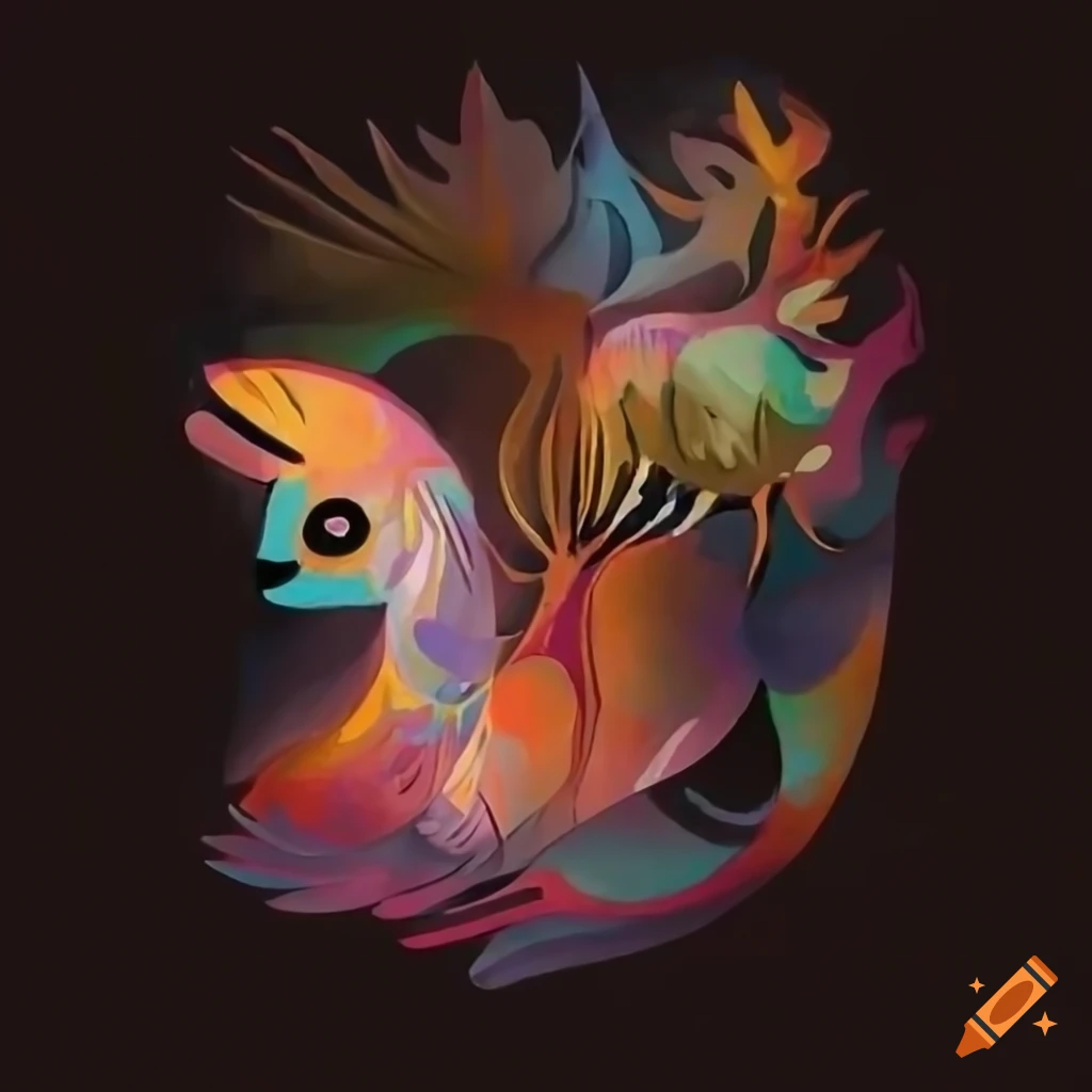 Abstract primitive art landscape with animals and cosmos elements on ...