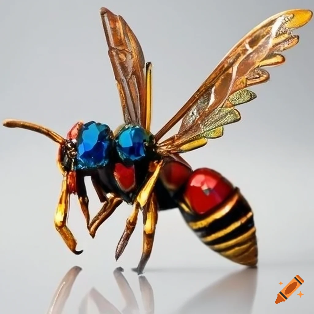 Bee wasp with copper metal plating and gemstone wings in red yellow ...