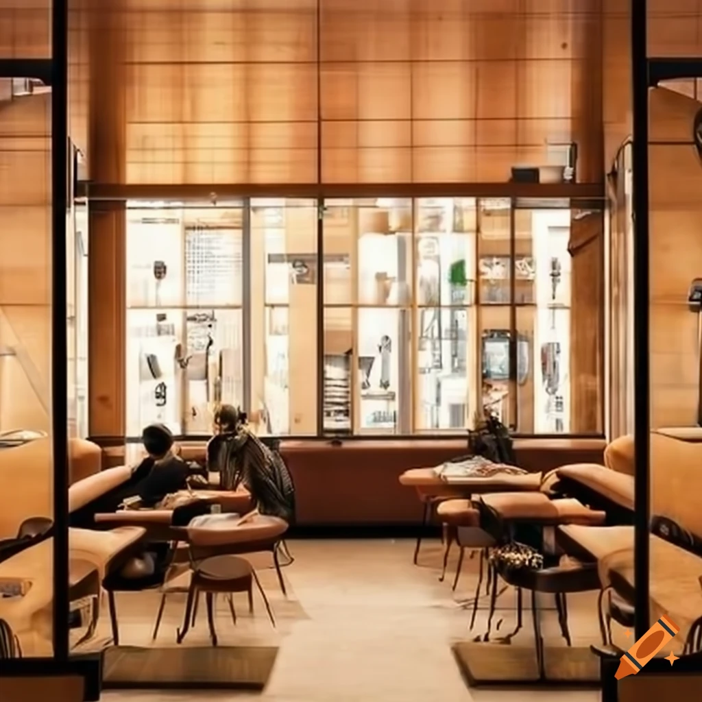 Cozy Starbucks store with comfortable sofas and ergonomic desks on Craiyon