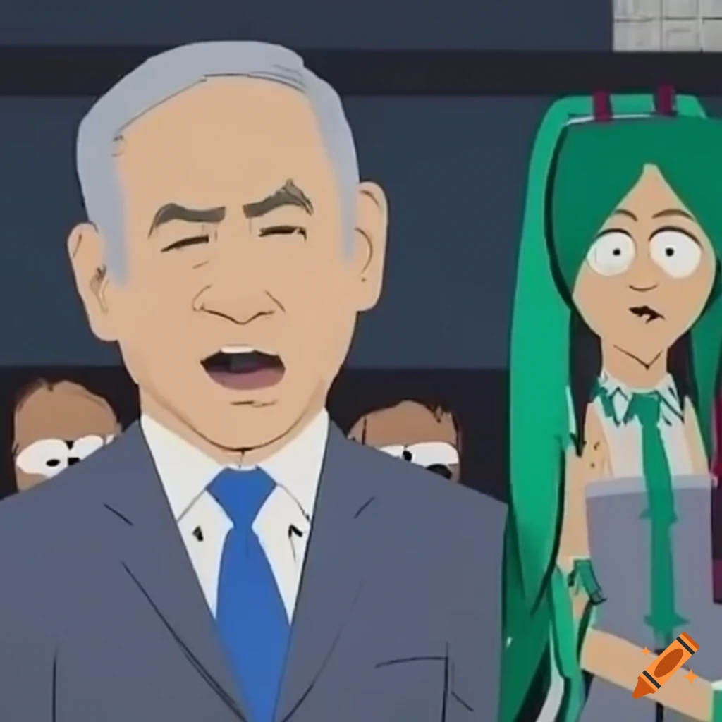 Benjamin Netanyahu with Miku Hatsune in a South Park setting on Craiyon
