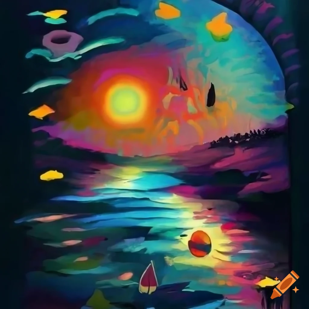 Abstract primitive art depicting a cosmos landscape with animals on Craiyon