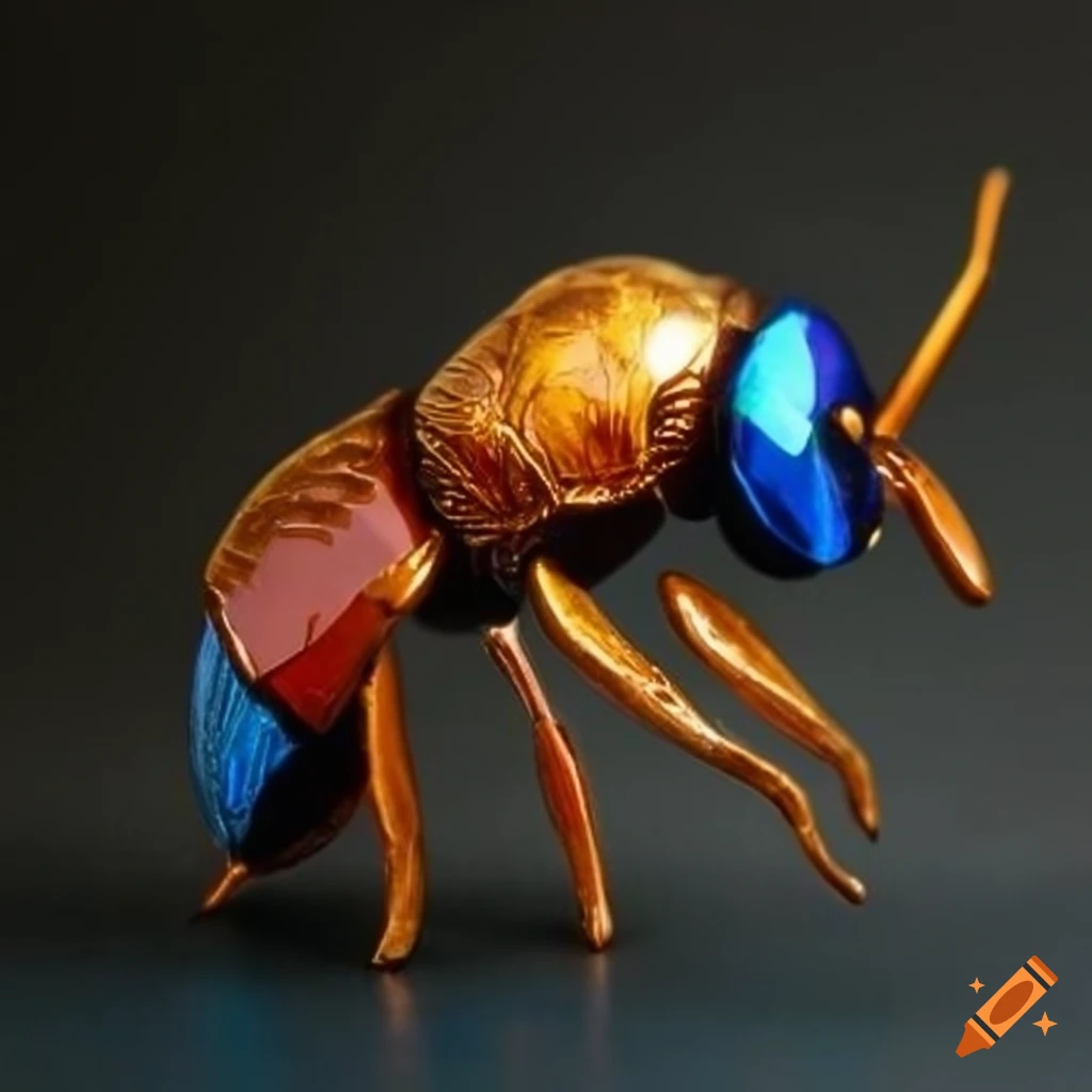 Bee Wasp sculpture with gemstone wings in red, yellow, and blue on Craiyon