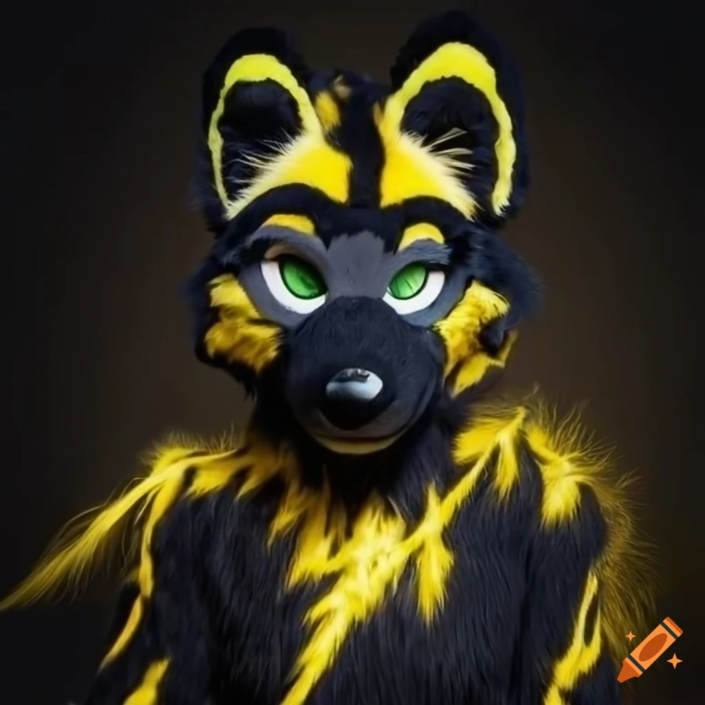 Black fursuit with yellow lightning pattern and toony wolf features on Craiyon