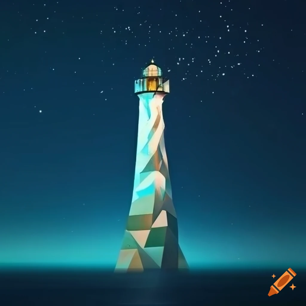 Geometric lighthouse against the night sky in digital art on Craiyon