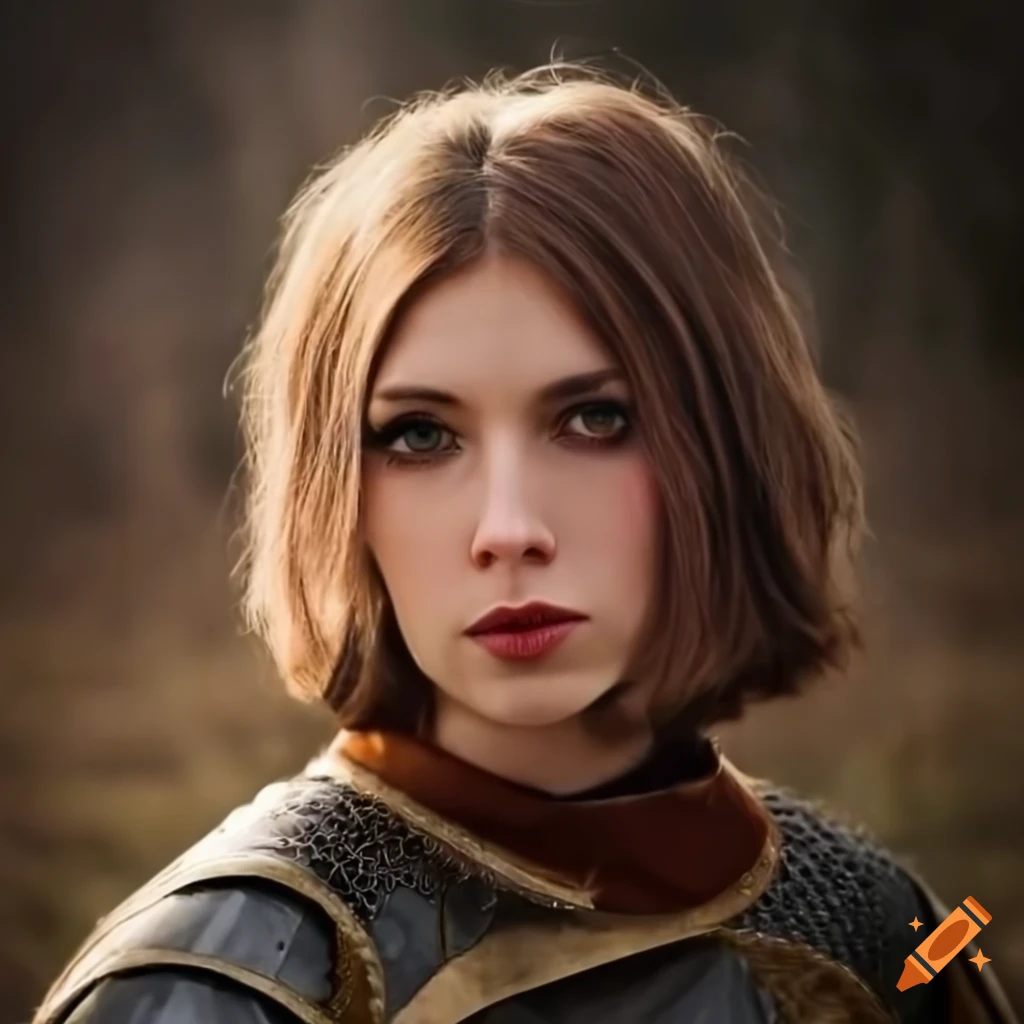 Medieval woman dressed as a knight with short brown hair and brown eyes ...