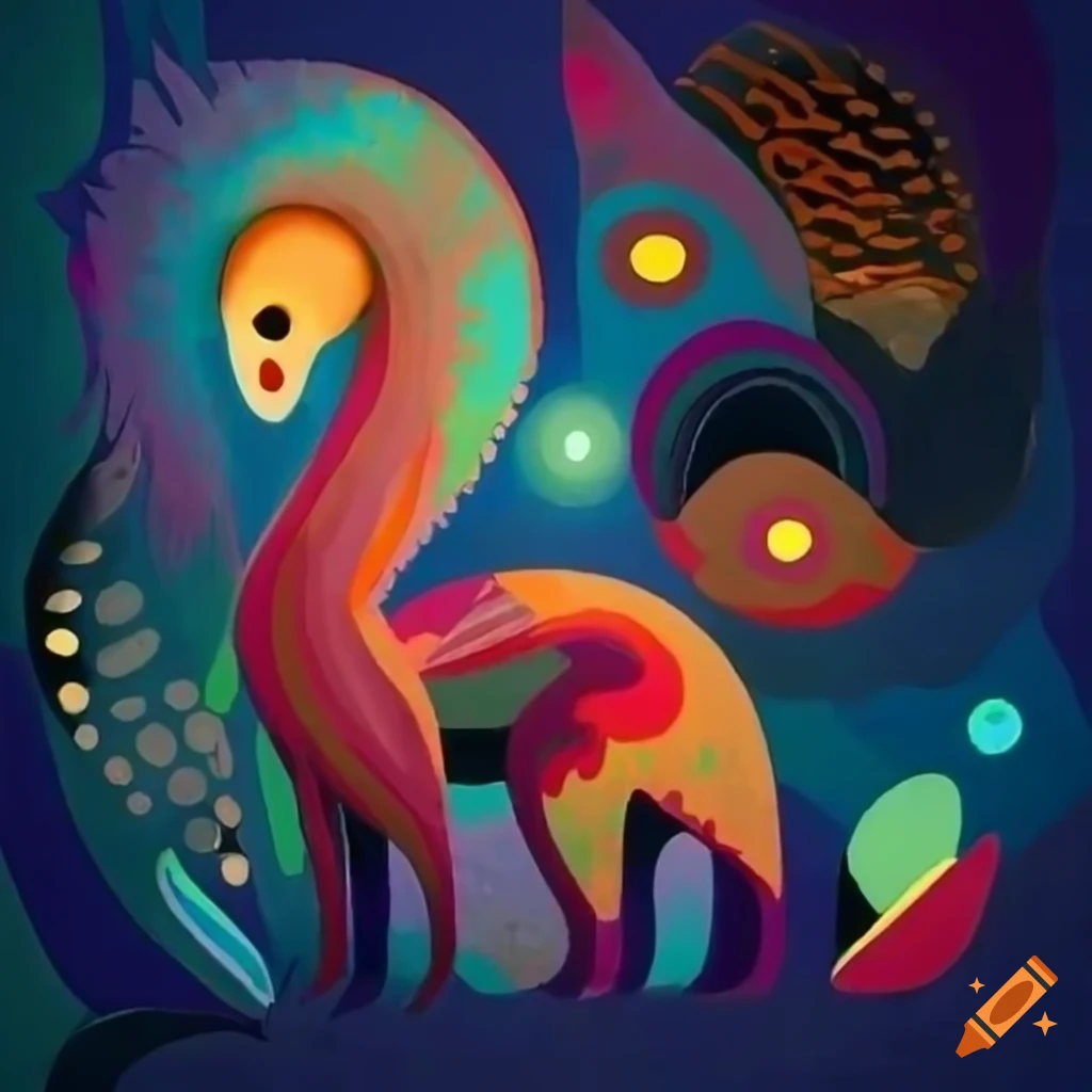 Abstract primitive art landscape with animals and cosmos elements on ...