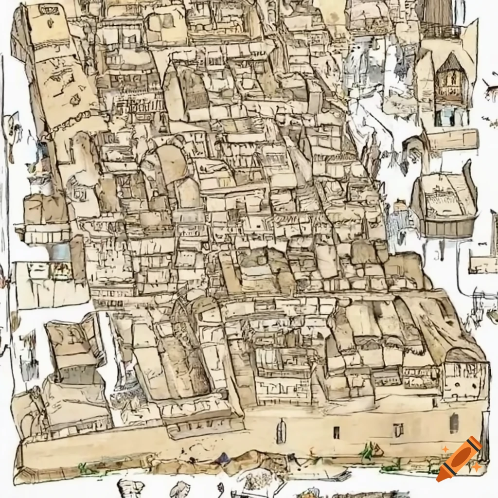 Satellite view of a bustling medieval Muslim city with colorful markets ...