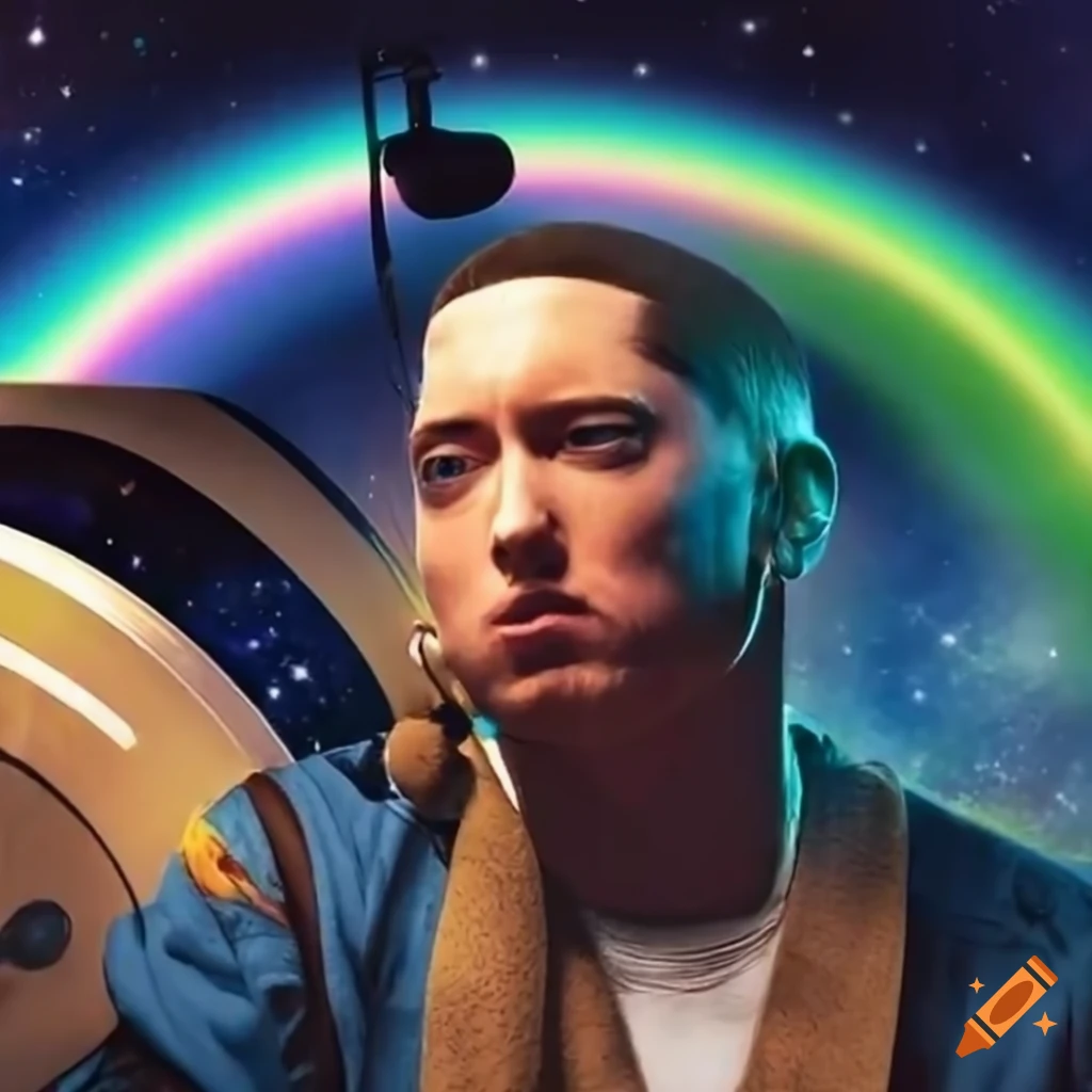 Eminem in a magical school bus with a mic and rainbow in space on Craiyon