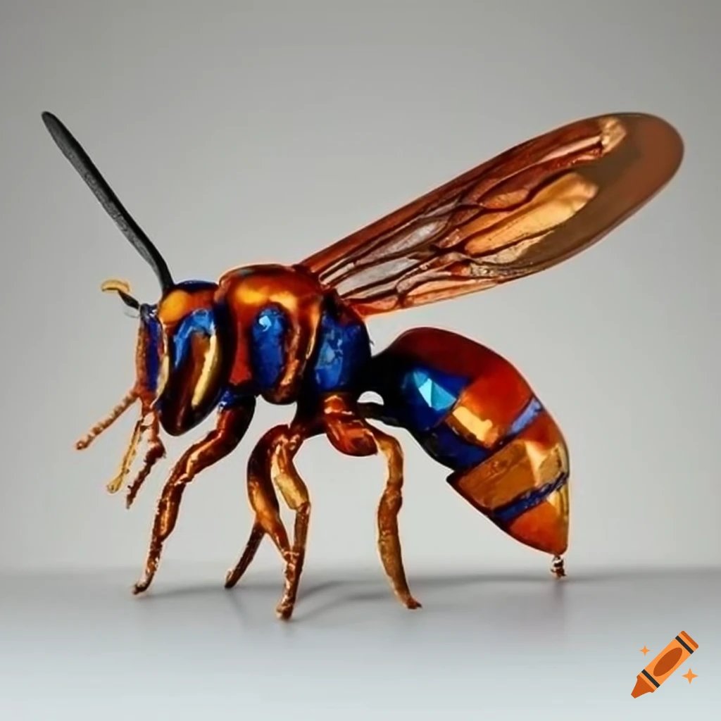 Bee Wasp made of copper metal with gemstone carvings in red, yellow ...