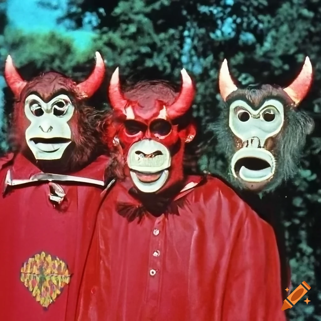 Group of monkeys in devil costumes at a psychedelic tea party in the ...